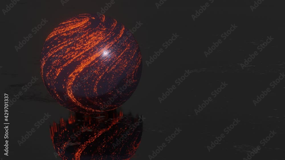 a dark sphere with a glowing red texture rotates slowly against a dark ...