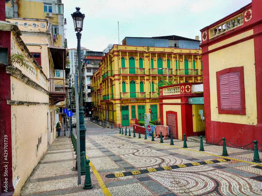 Street in a historic area with beautiful houses of Portuguese ...