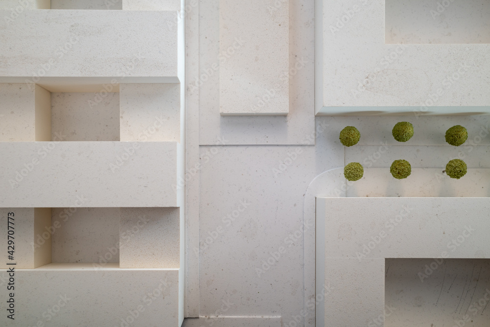 Top view of white architectural models. Architect's design thinking ...