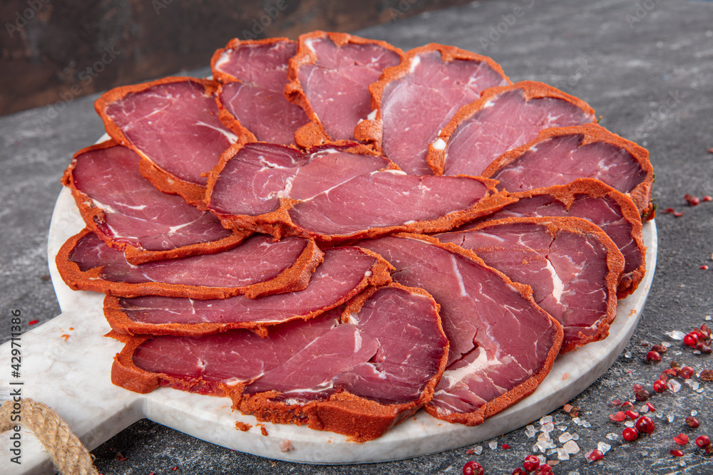 Turkish bacon, pastrami ( kayseri pastirma ) Fresh sliced pastrami ...