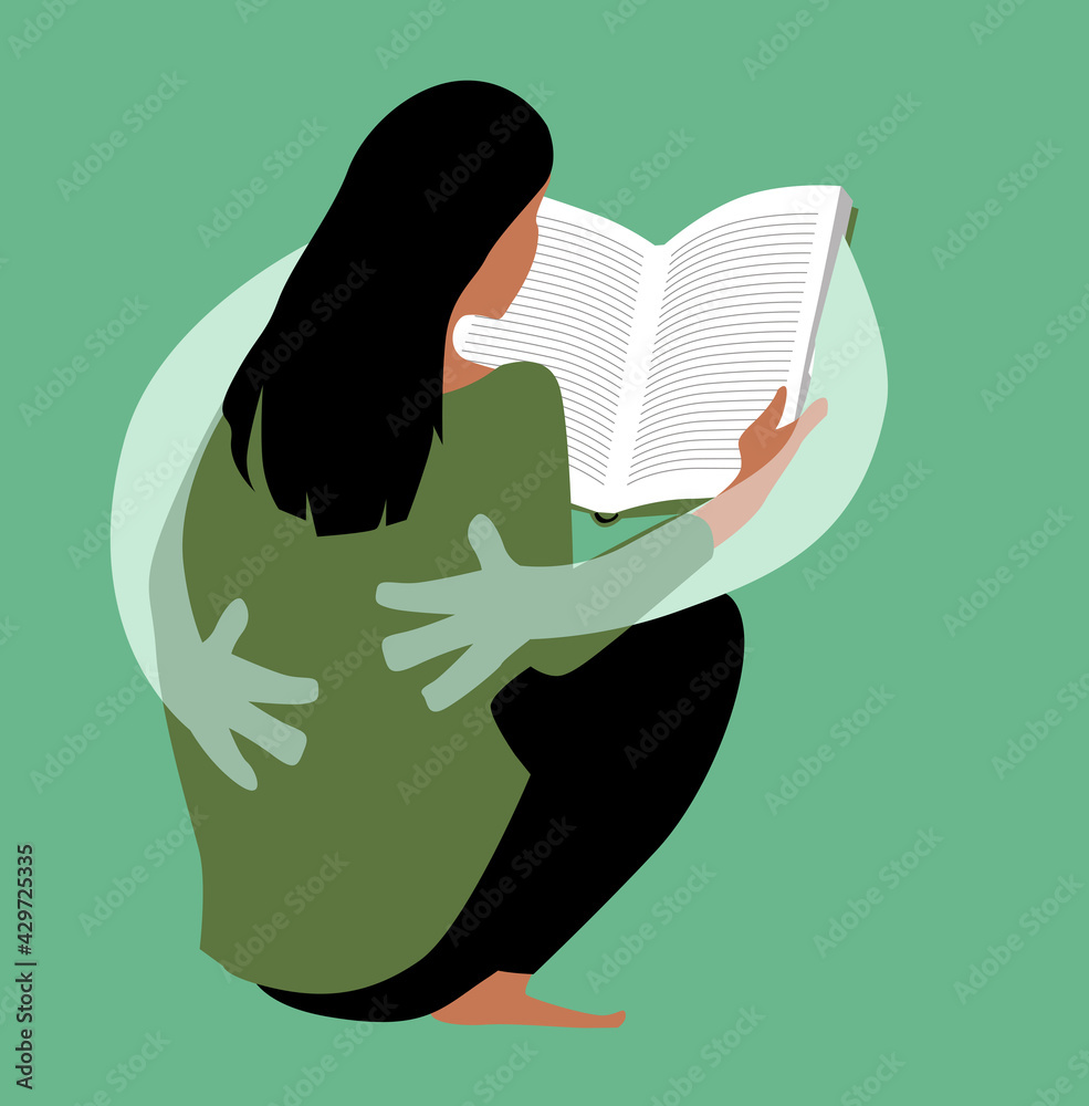 Woman reading a book and the book giving her a comforting hug, EPS 8 ...