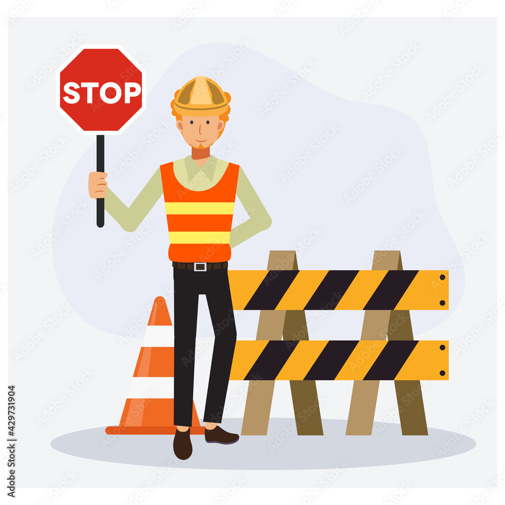 male engineer is holding STOP sign for warning under construction area ...