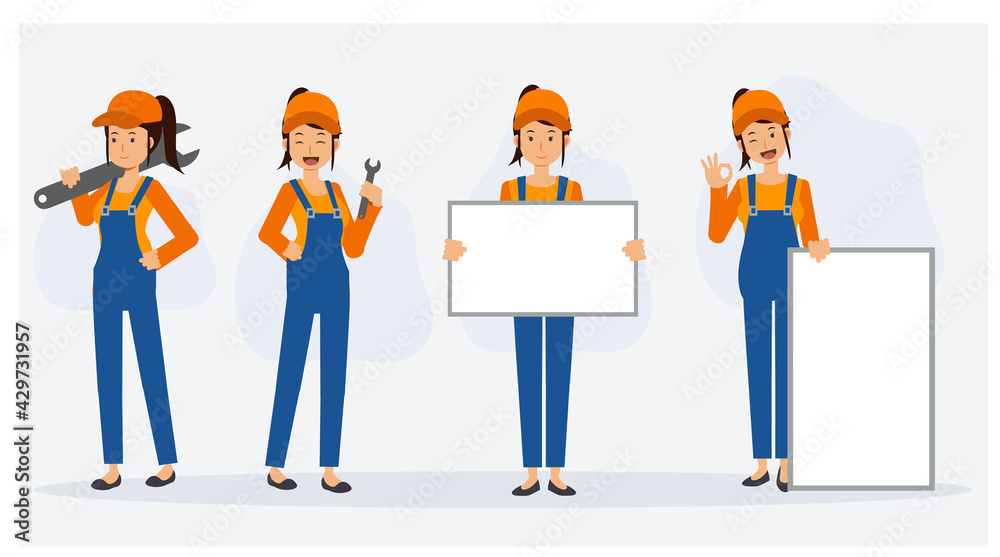 Set of female mechanic repairman in various action,holding blank sign ...