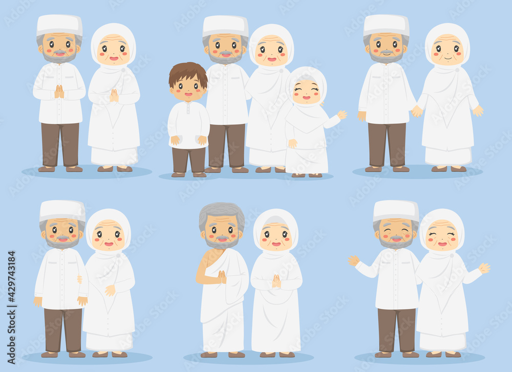 Happy Muslim grandparents with grandchildren in white clothes vector ...