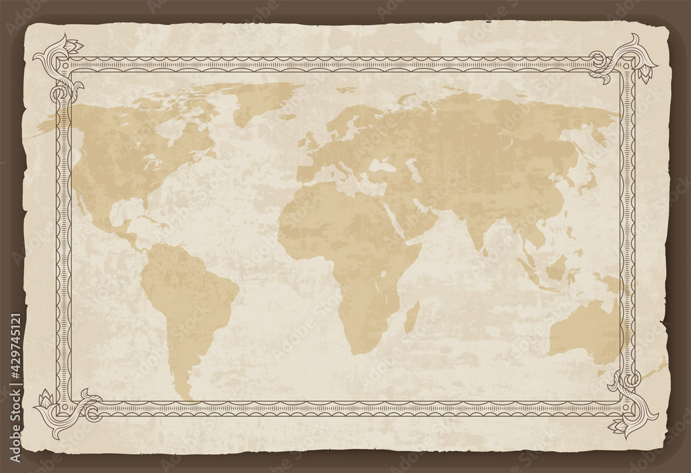 Old world map with frame. Retro design banner. Decorative antique ...
