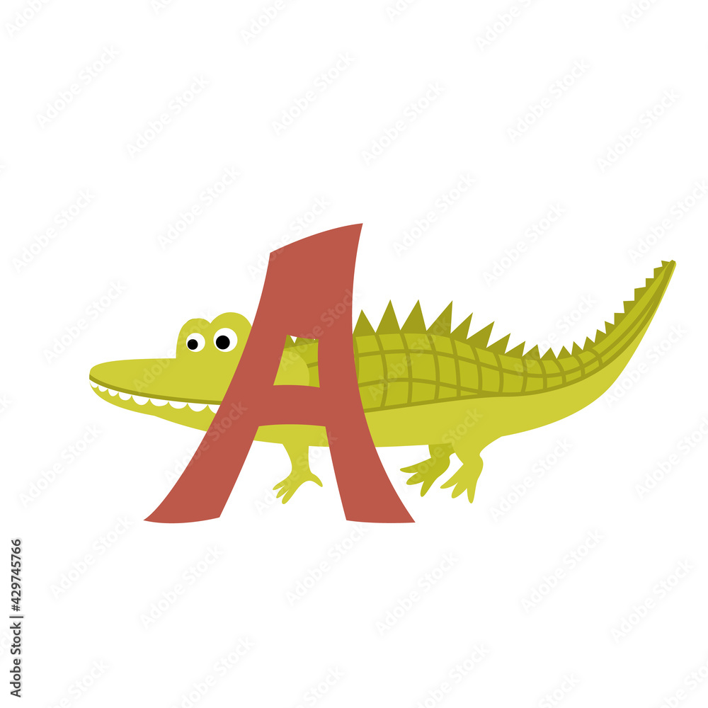 Alligator animal alphabet symbol. English letter A isolated on white ...