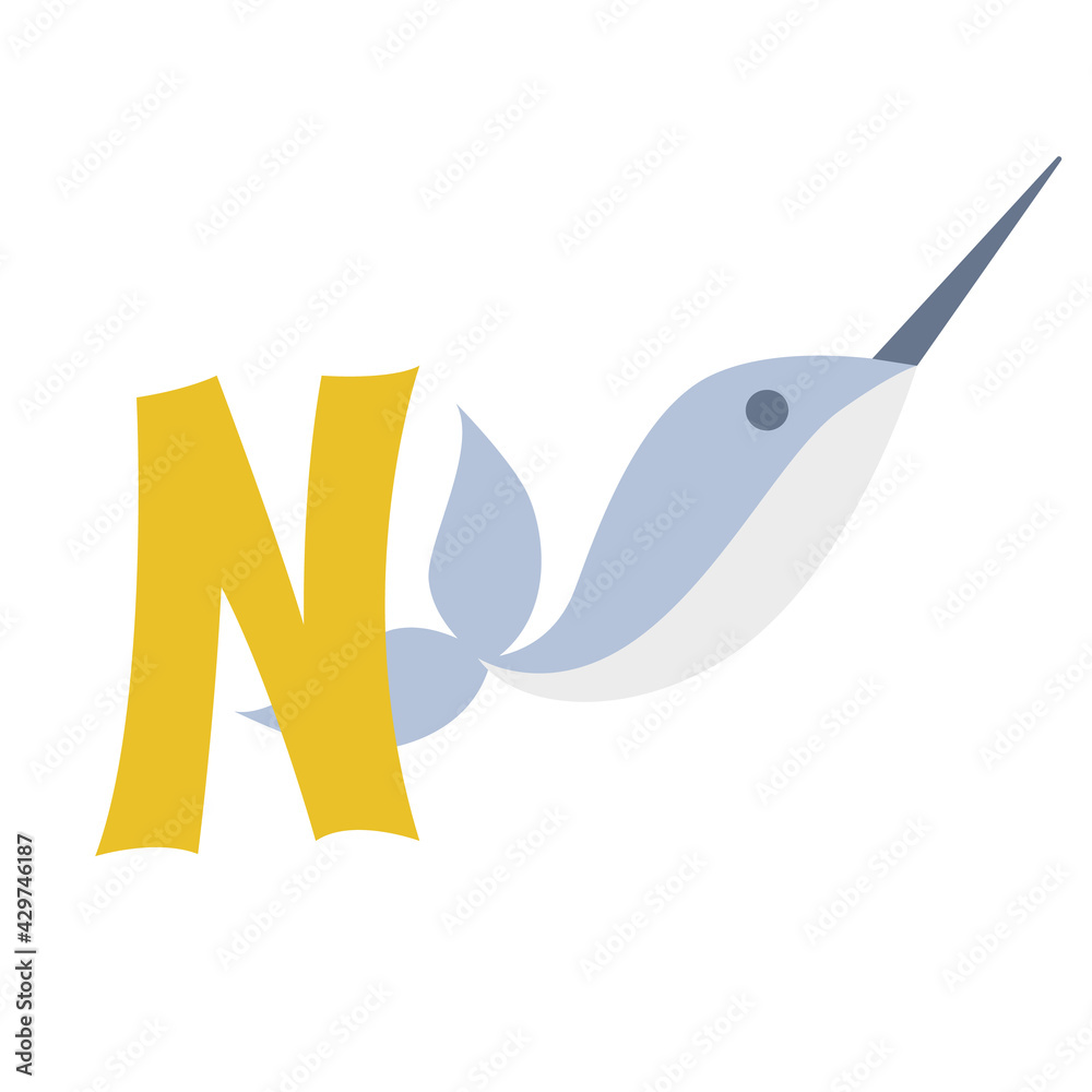 Narwhal animal alphabet symbol. English letter N isolated on white ...