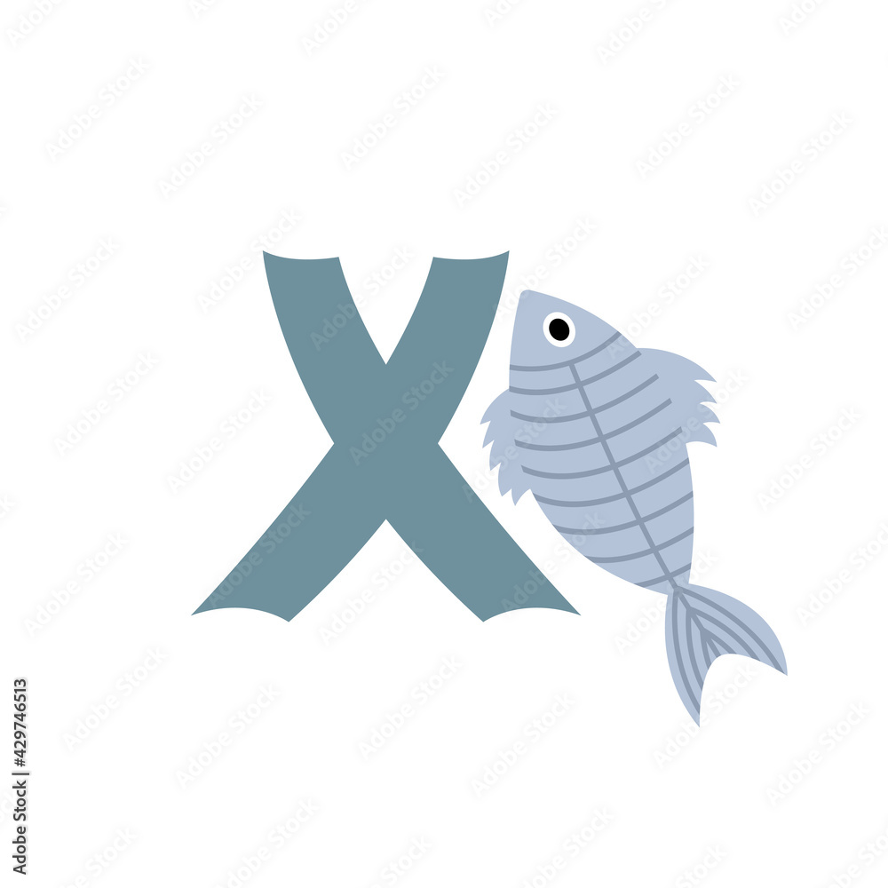 X-ray fish animal alphabet symbol. English letter X isolated on white ...