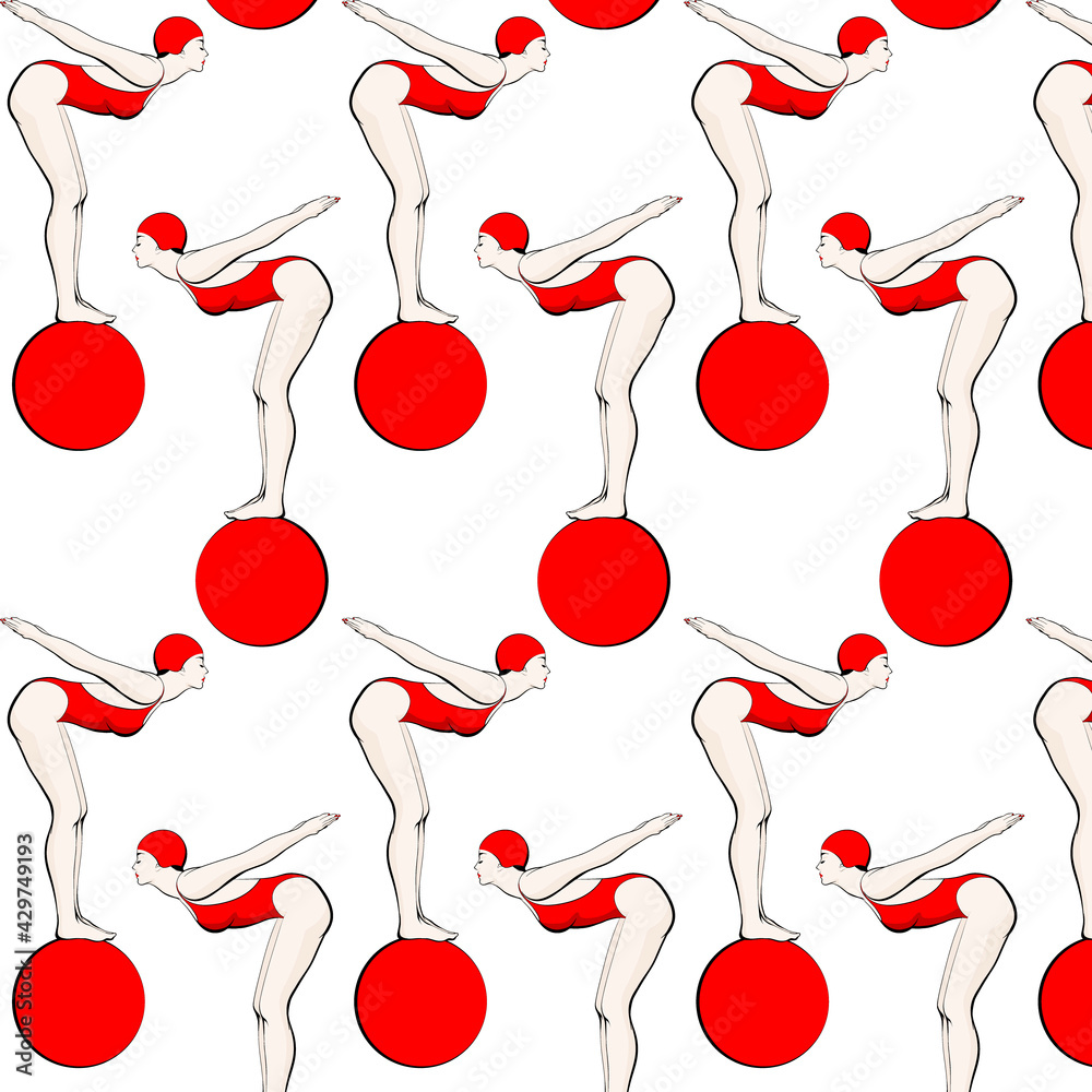 Vector hand drawn pattern with illustration of girl in red swim cap and ...