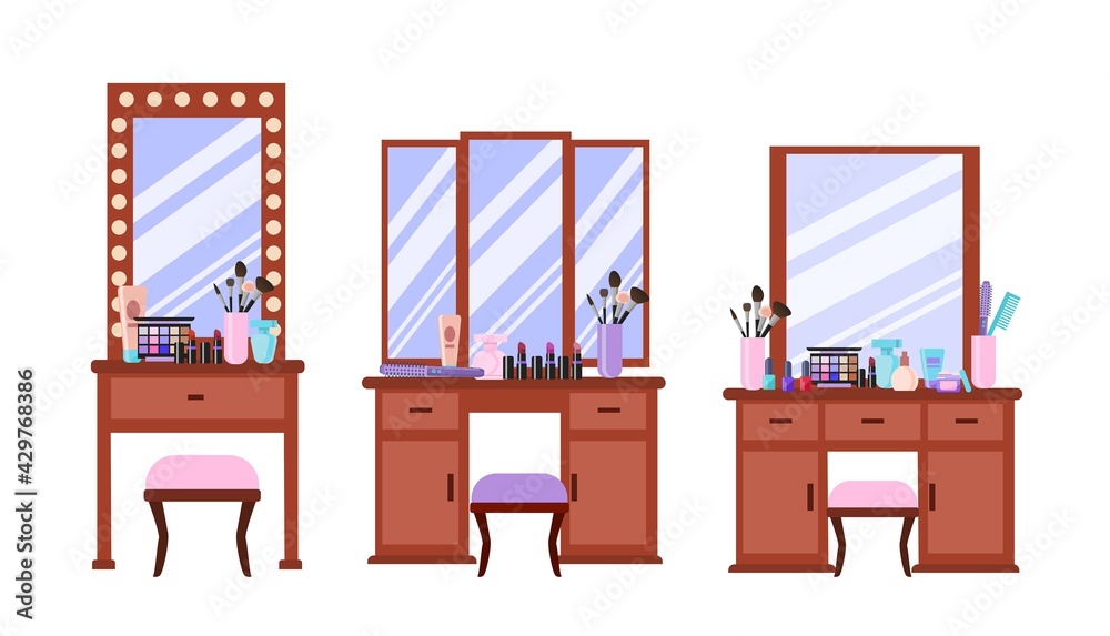 a set of dressing tables with jewelry boxes, makeup brushes, combs and ...