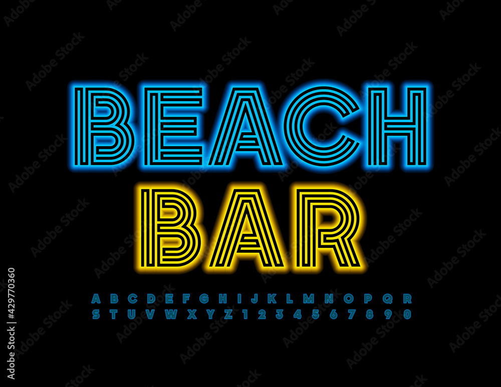 Vector bright Sign Beach Bar. Modern glowing Font. Neon Alphabet ...