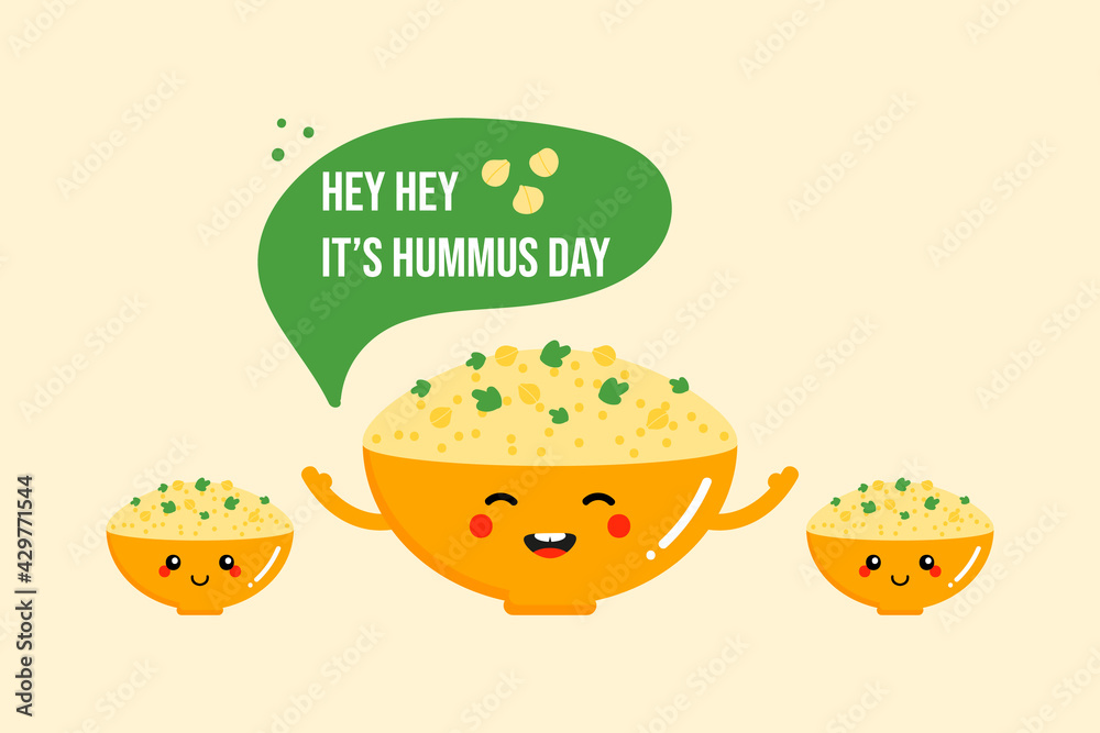 Hummus Day vector greeting card, illustration with three cartoon style ...