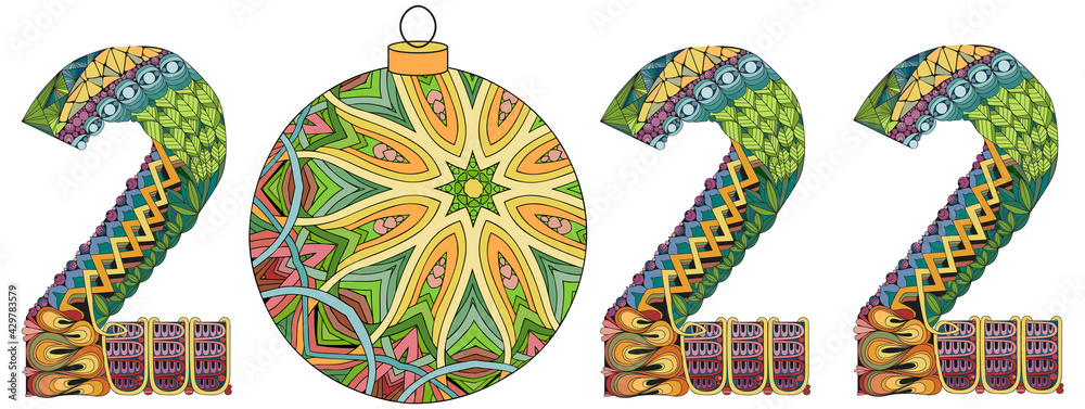 Number 2022 Zentangle with a Christmas ball. Vector decorative object ...