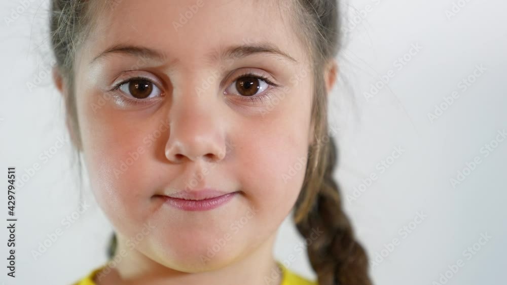 kid girl face portrait. happy family a close-up home kid dream concept ...