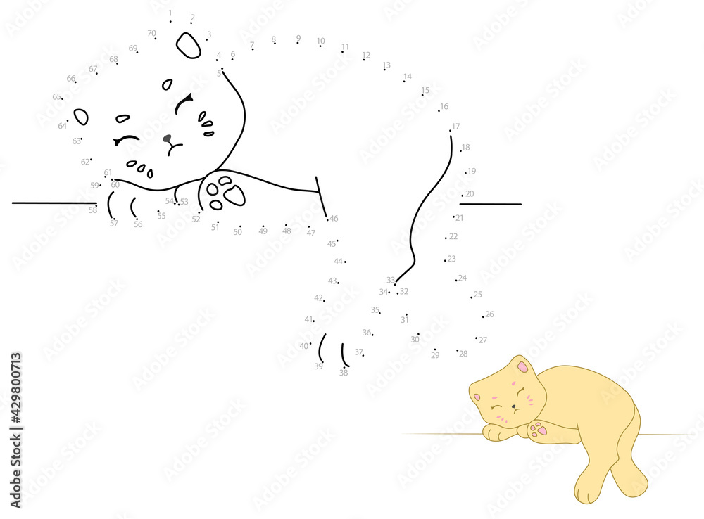 Point-to-point game. Draw a line. Kitty is sleeping. For kids ...