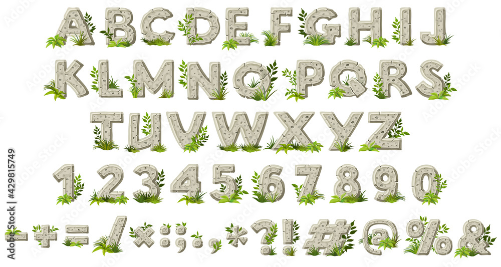 Cartoon rock alphabet font with leaves and grass. Stone age writing ...