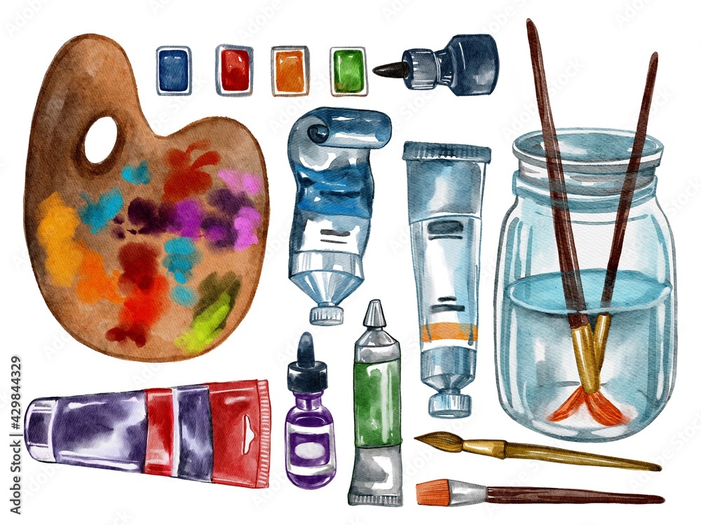 Hand drawing watercolor set of art materials. Ink, brushes, water can ...