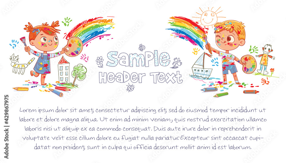 Children draw a rainbow on the wall. Design for website header or ...