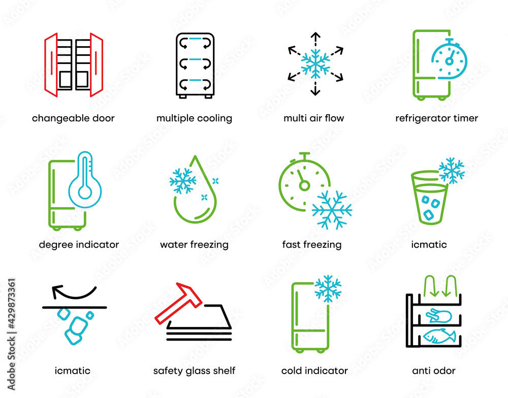 Refrigerator icon set. These icons are fast freezing, anti odor ...