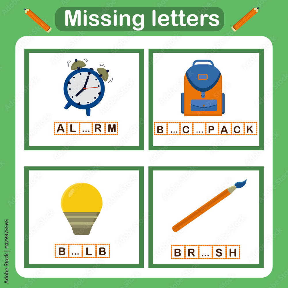 vector illustration for kids with the game missing letters. Educational ...