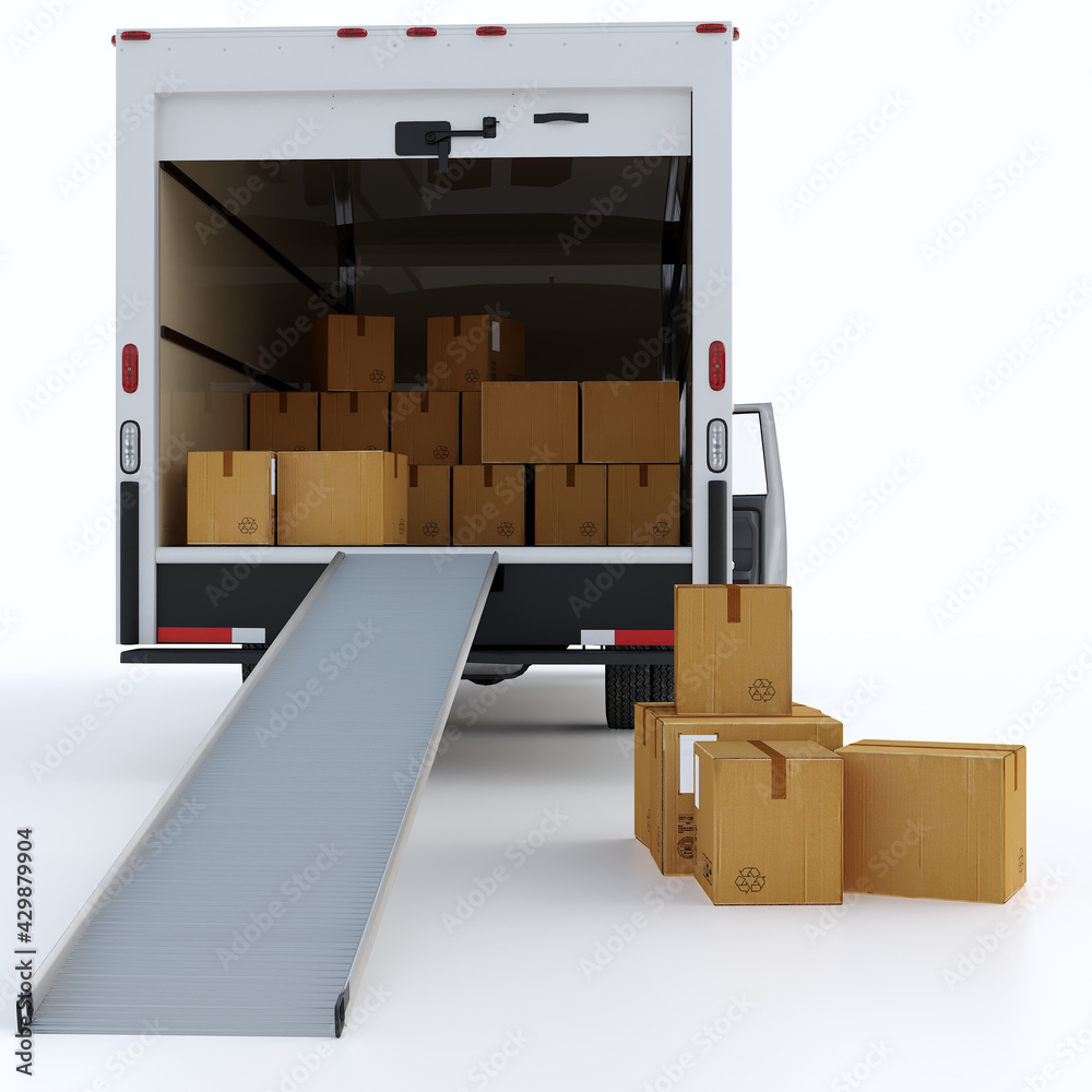 Cargo Truck with open trunk and a lowered ramp isolated on isolated ...