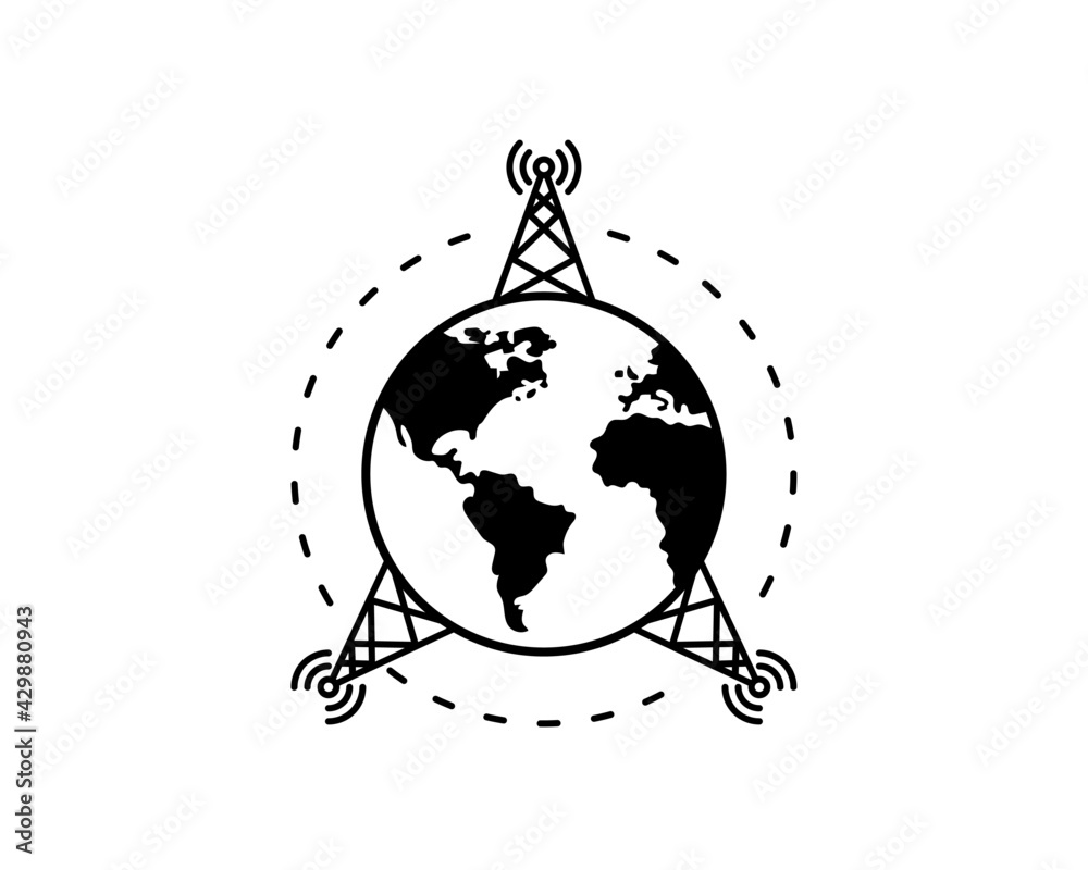 Antenna tower icon with tall telecommunication broadcast radio mast or ...