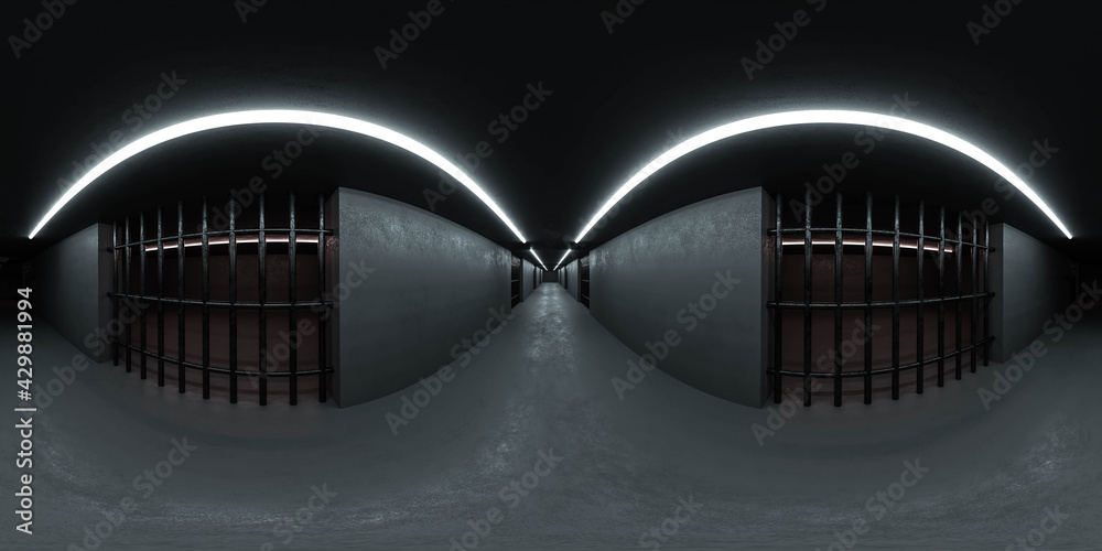 360 spherical paborama view of dark industrial style prison building ...