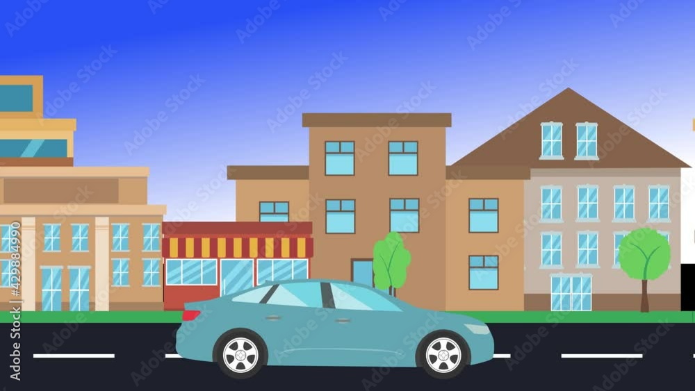 car driving rides around city side view, loop animation, flat design ...