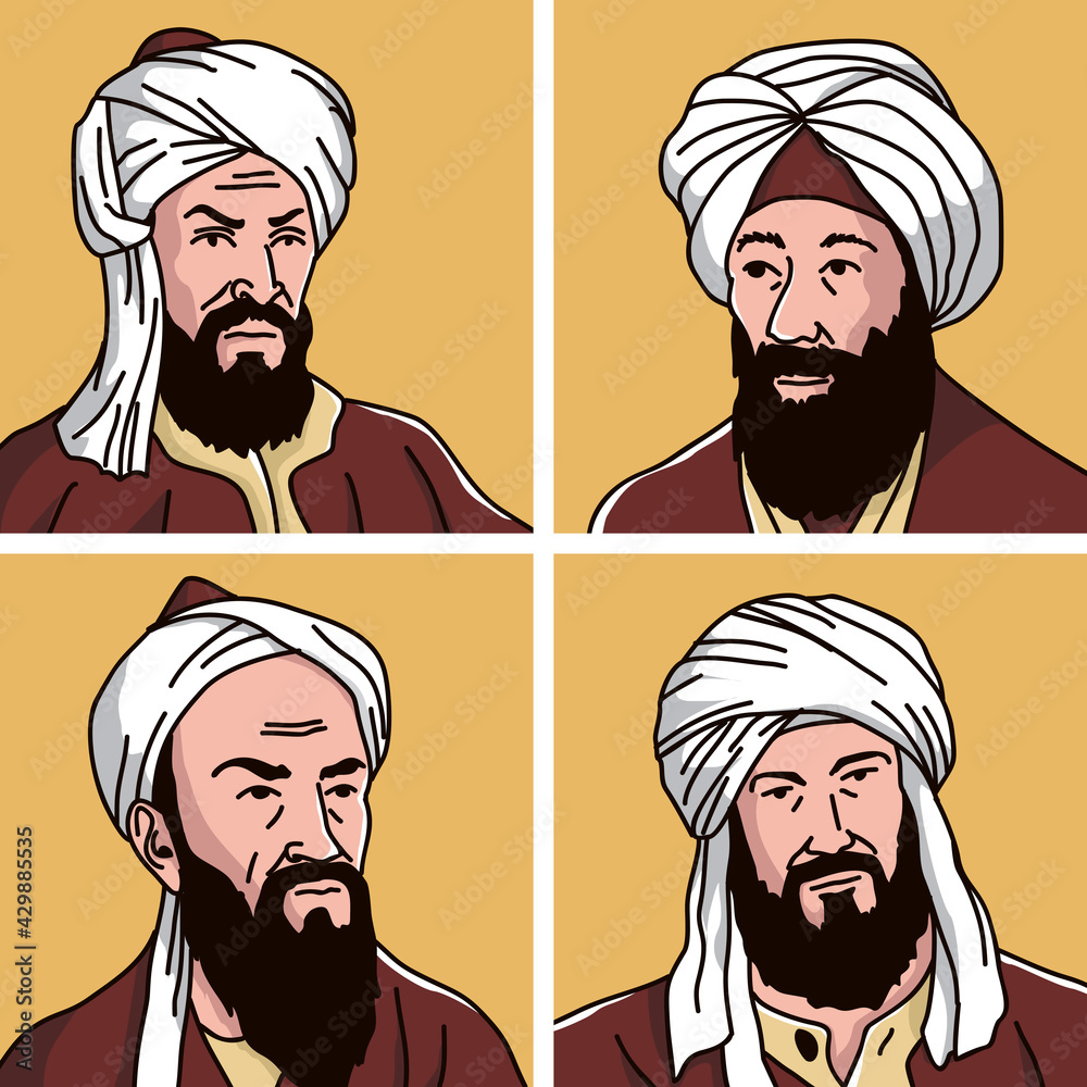 set of vector illustrations of the most influential Islamic scholars in ...