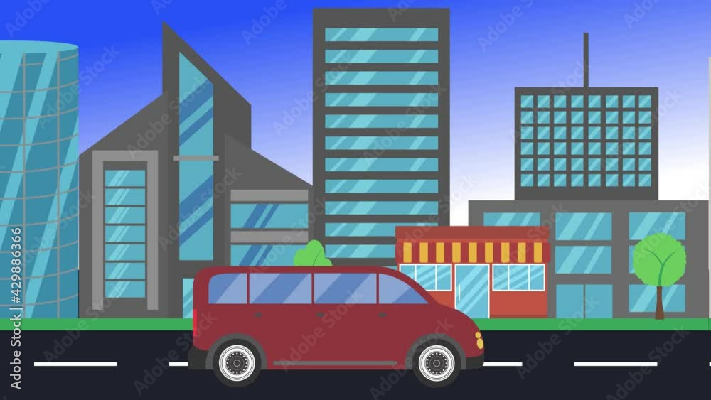 car driving rides around city side view, loop animation, flat design ...
