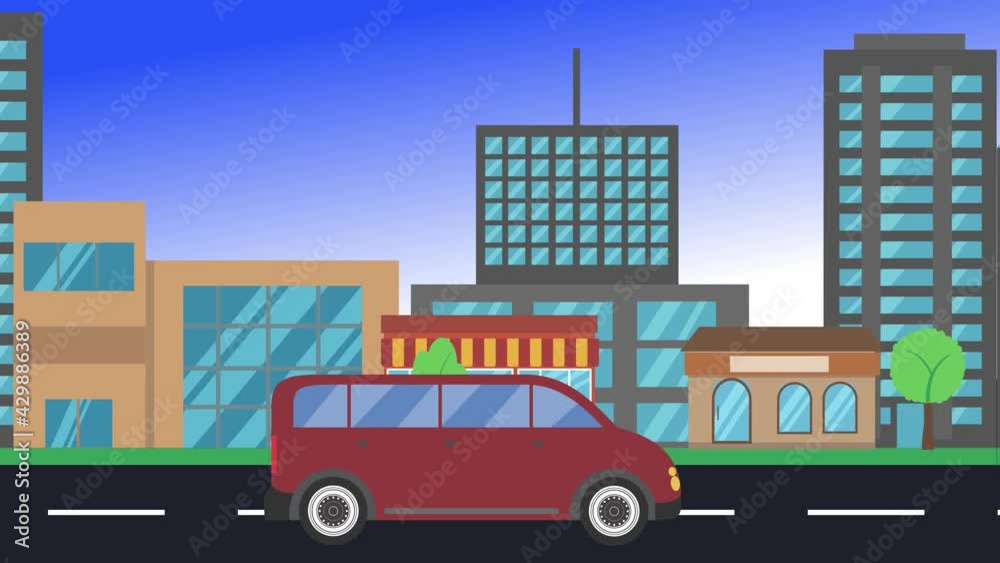 car driving rides around city side view, loop animation, flat design ...
