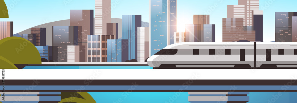 modern town with skyscrapers and monorail train on bridge smart city ...