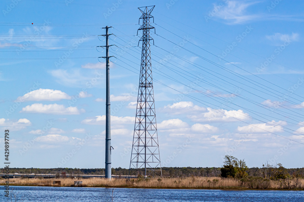 A tall steel transmission tower for high voltage long distance ...