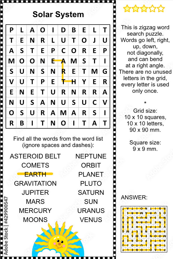 Solar system themed zigzag word search puzzle (suitable both for kids ...