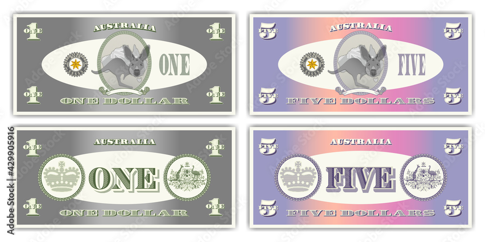 Fictional paper money of Australia. Obverse and reverse of 1 and 5 ...