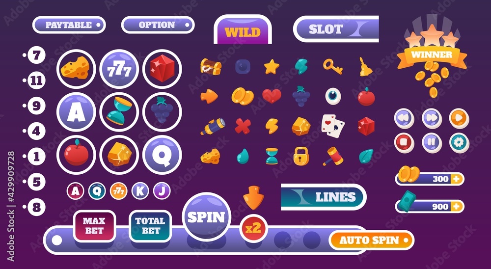 Gambling UI elements. Slots gameplay cartoon graphic kit with casino ...