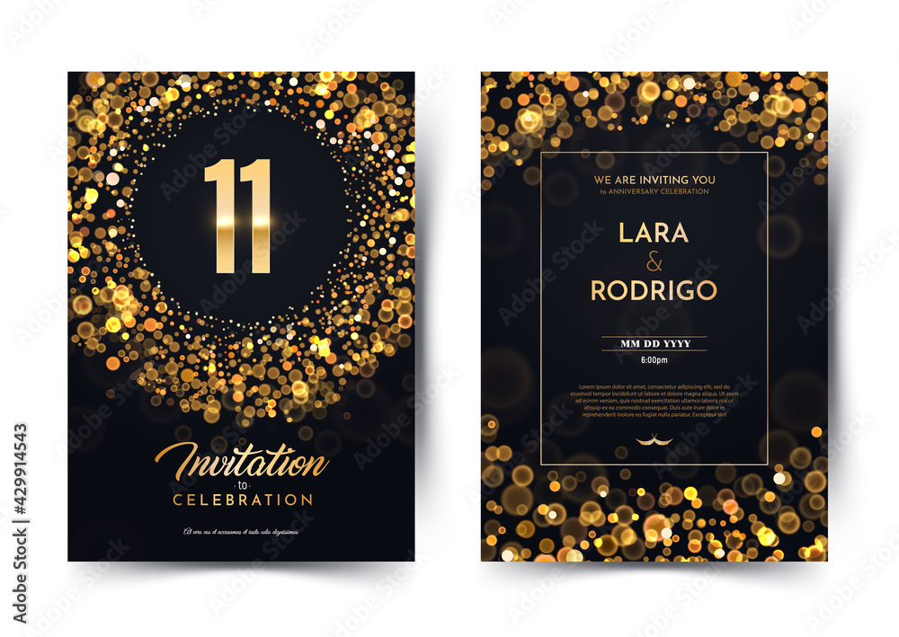 11th years birthday vector black paper luxury invitation double card ...