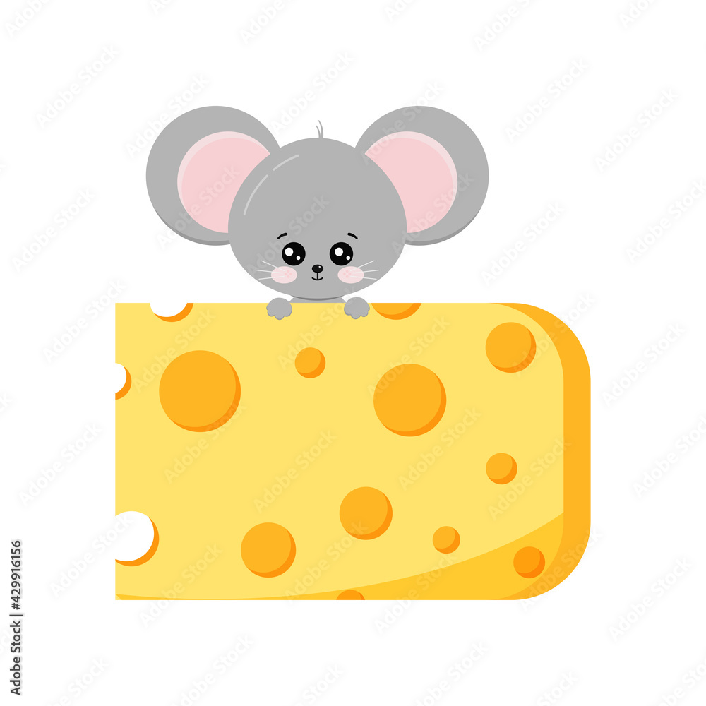 Cute mouse climb up on piece of cheese vector flat design isolated on ...