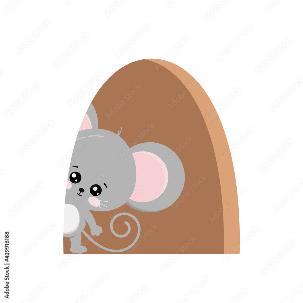 Cute mouse inside of hole in home isolated on white background. Little ...