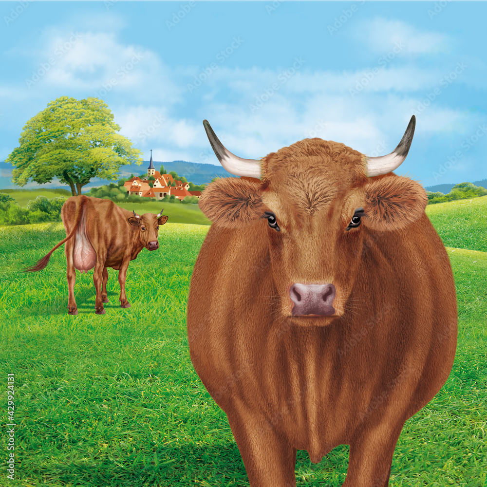 vache laitière, de face animal, ferme, gazon, bétail, marron , coeur ...