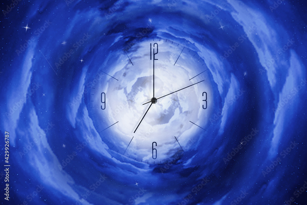 Clock in the starry cosmic sky. Leaving time. Time and space. Time ...