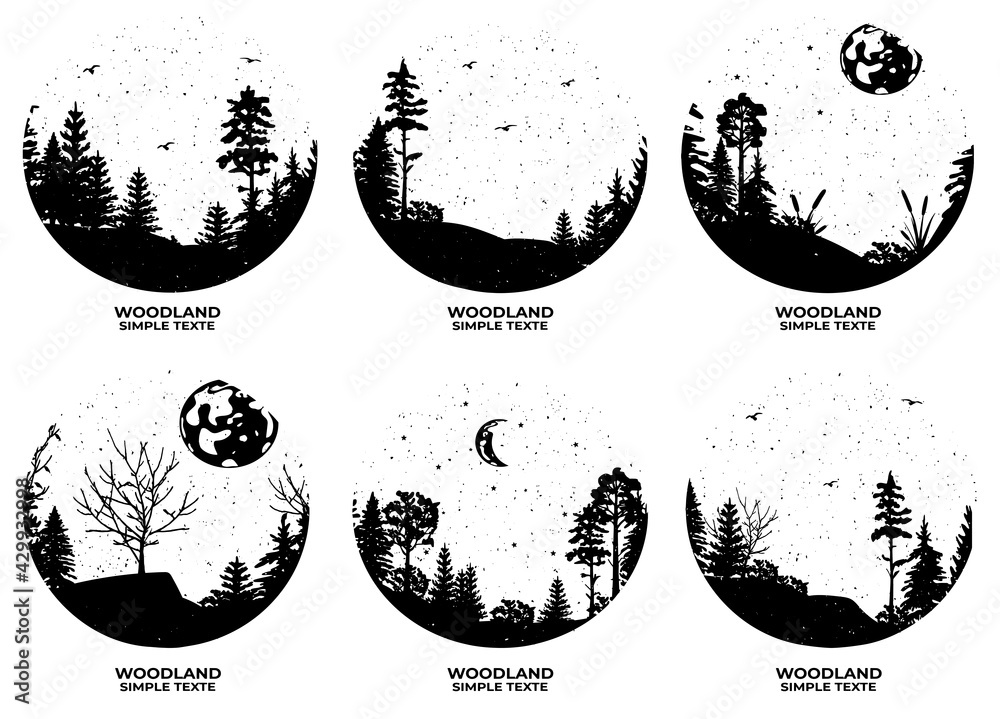 silhouette landscape vector. sketch woodland in a round frame ...