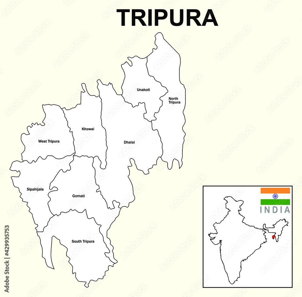 Tripura map. Highlight Tripura map on the India map with a boundary ...