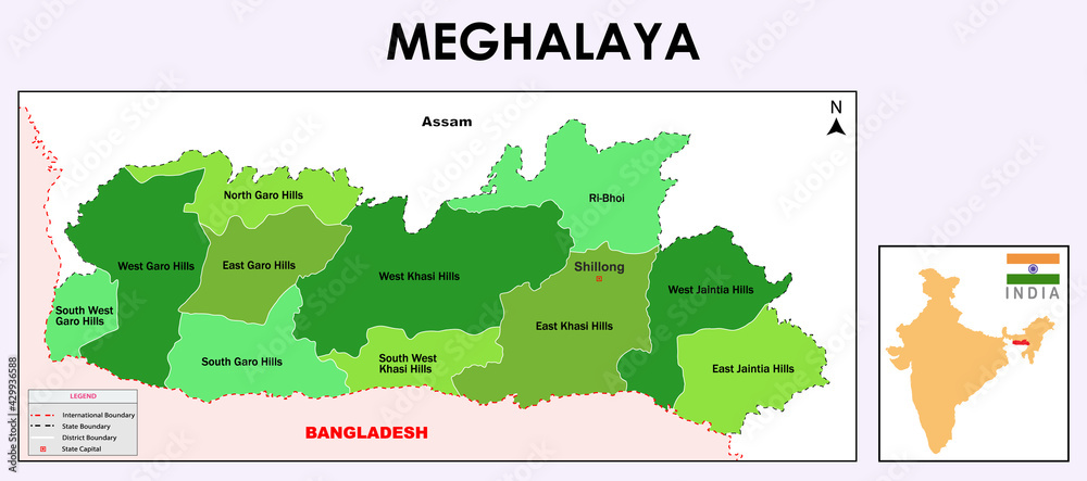 Illustrazione Stock Meghalaya Map. District map of Meghalaya. Meghalaya ...