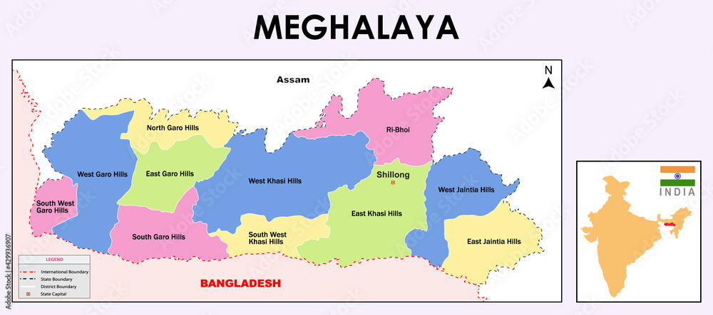 Meghalaya Map. Meghalaya administrative and political vector map in ...