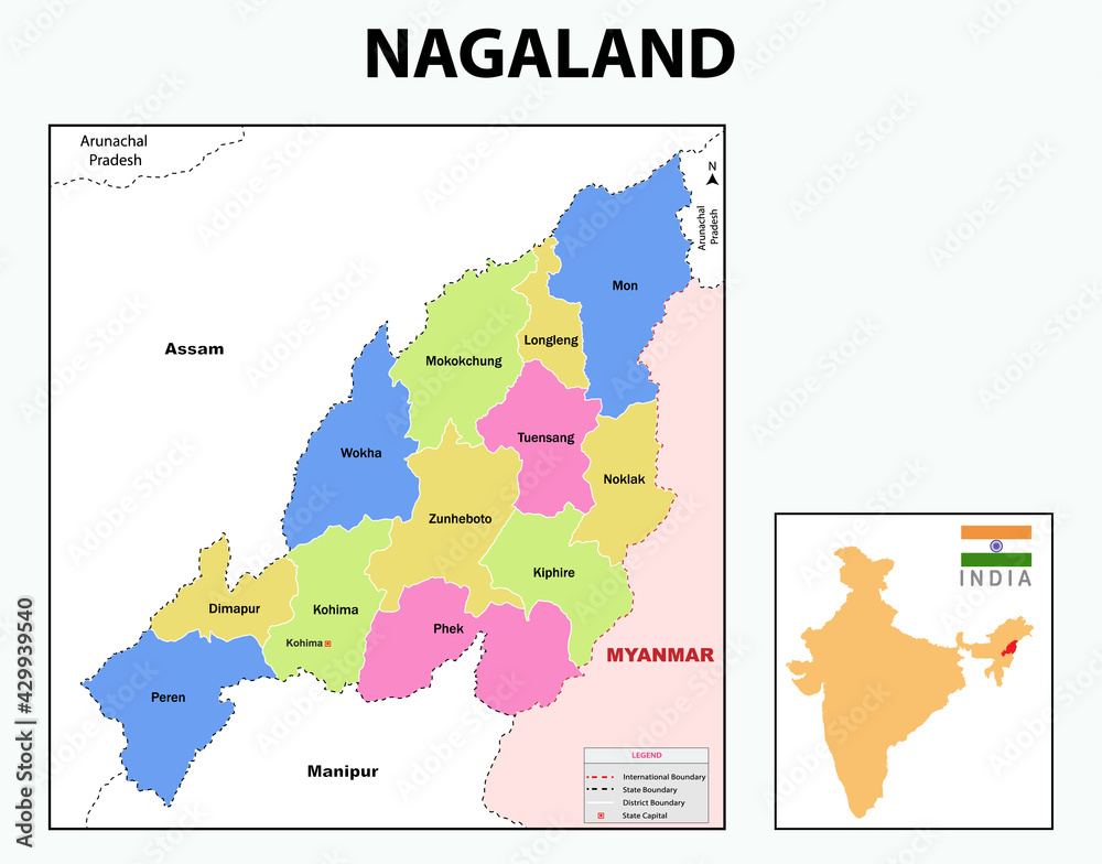 Nagaland map. Nagaland administrative and political map. Nagaland map ...
