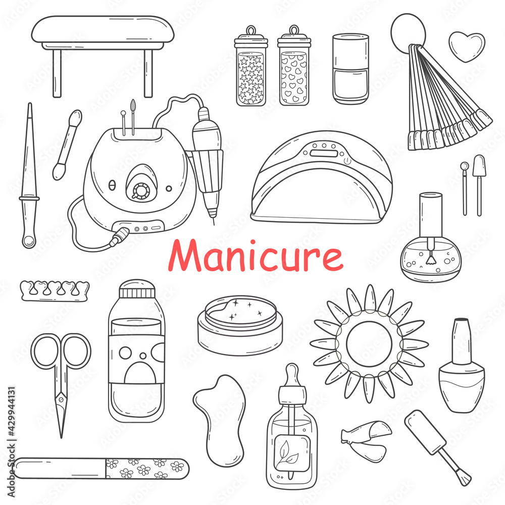 Set of Doodle Manicure Tools and Beauty Accessories for Nail Care in ...