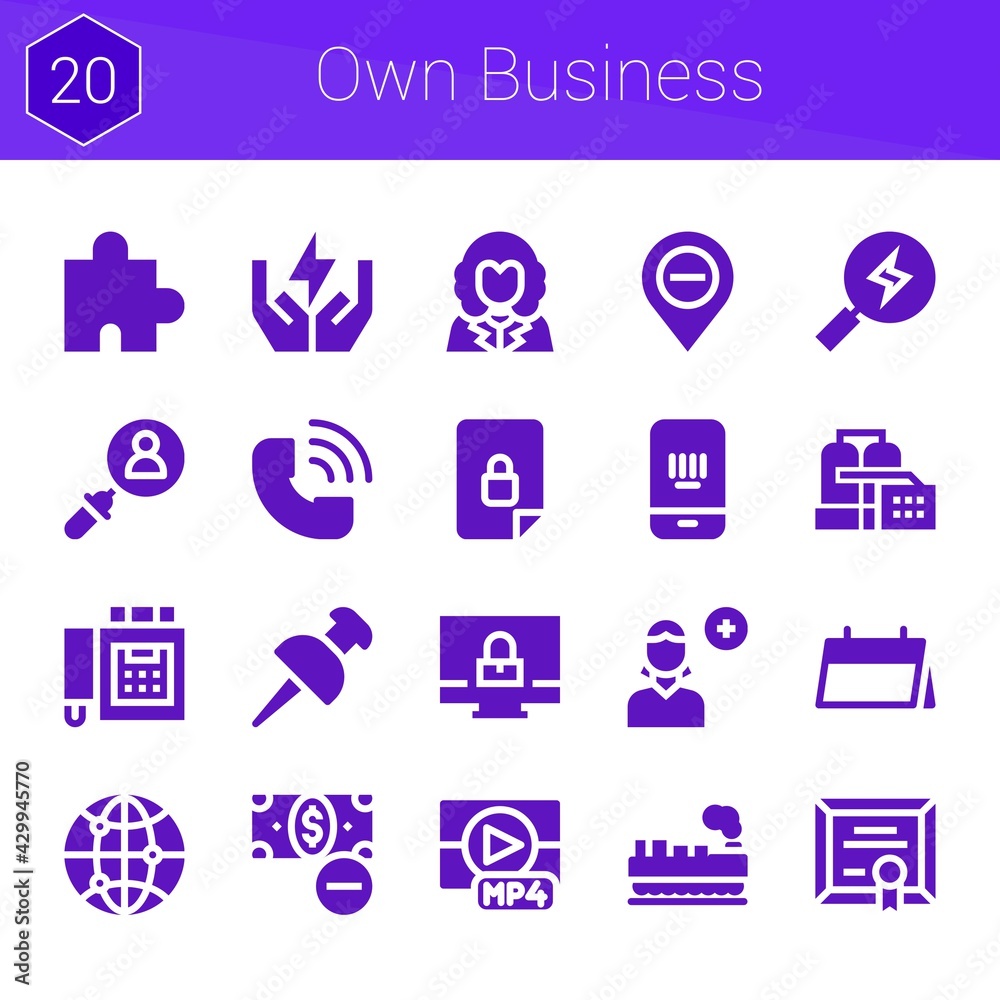 own business icon set. 20 filled icons on theme own business ...