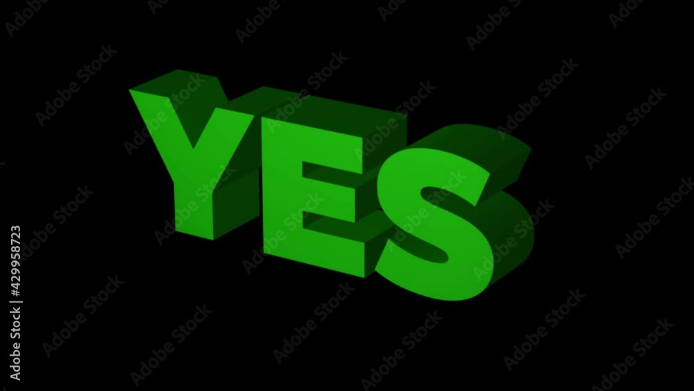 3D YES green text loop animation on transparent background with alpha ...