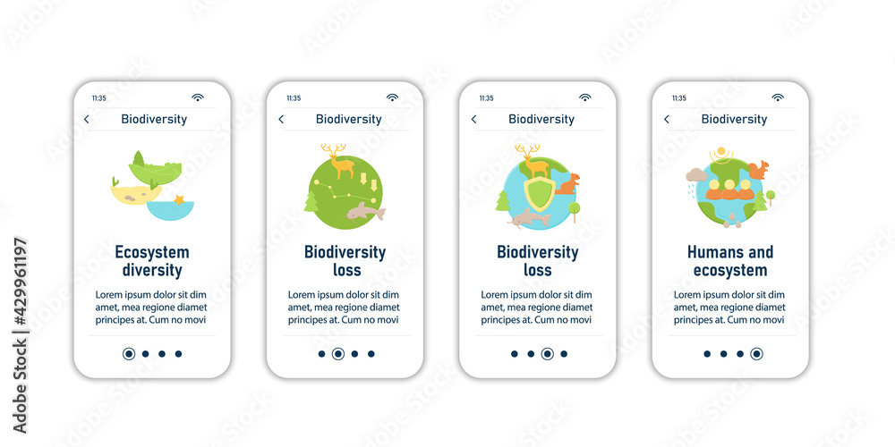 Biodiversity onboarding mobile app screens. Ecosystem diversity ...